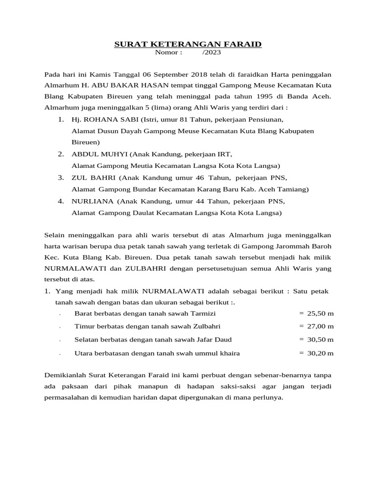 Surat Keterangan Faraid | PDF