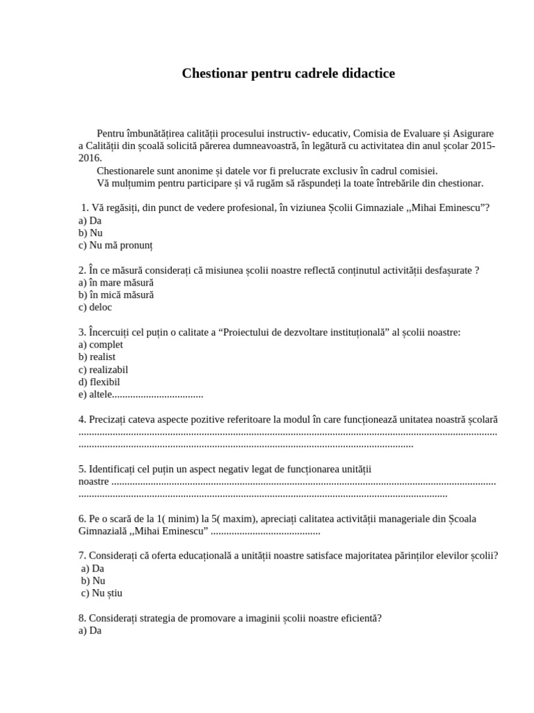 Chestionar Pentru Cadrele Didactice | PDF