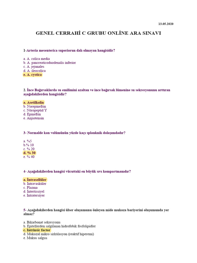 Dönem 4 Genel Cerrahi̇ C Grubu Onli̇ne Ara Sinavi 13.05.2020 | PDF
