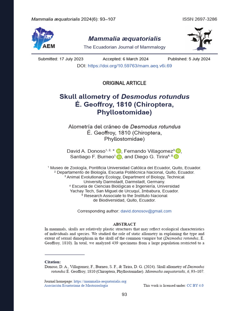 Skull Allometry of Desmodus Rotundus E Geoffroy 18 | PDF