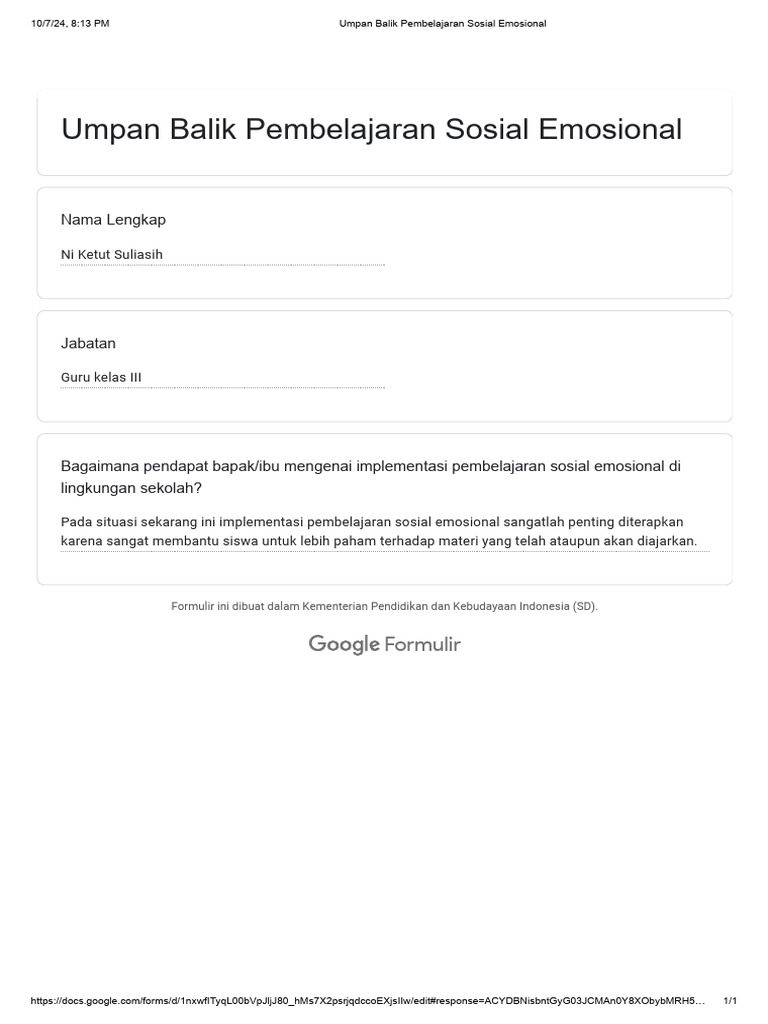 Umpan Balik Pembelajaran Sosial Emosional: Nama Lengkap | PDF