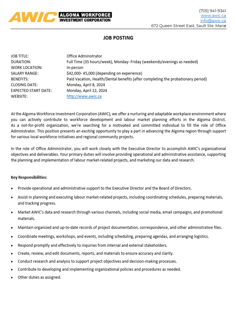 AWIC Office Administrator - 2024 | PDF