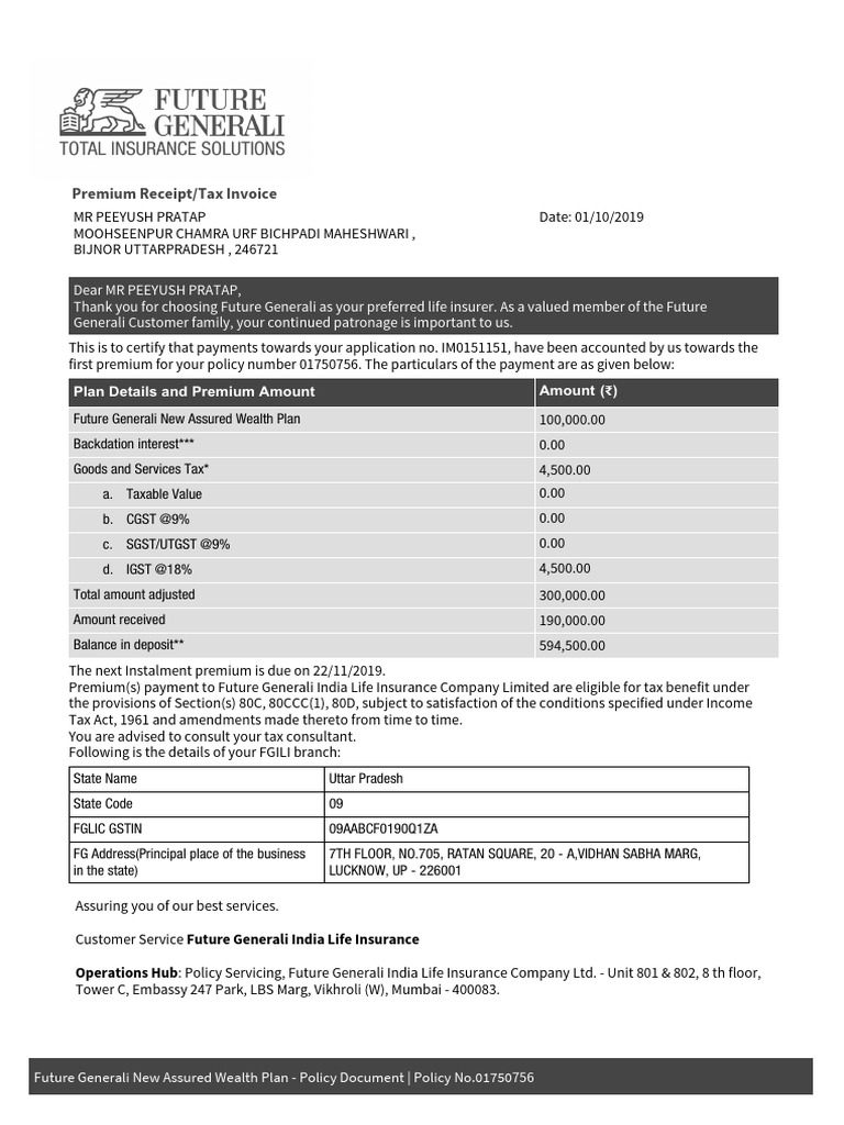 Premium Receipt 01750756 | PDF | Life Insurance | Finance & Money ...