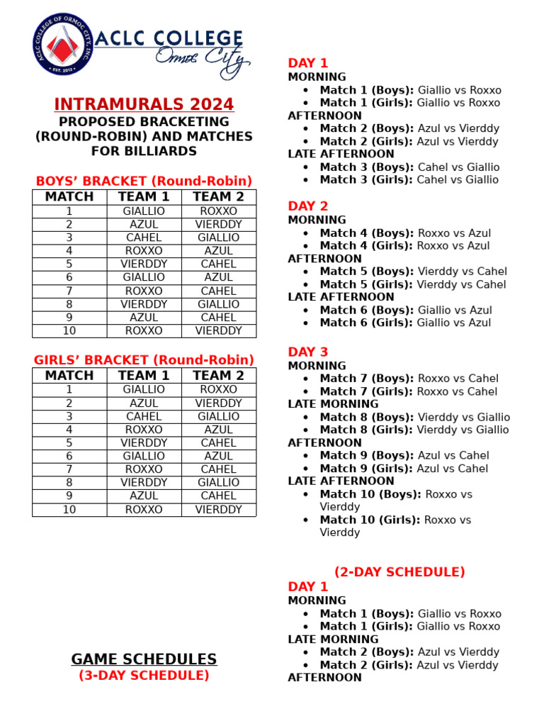 Intramurals 2024 - Billiards | PDF