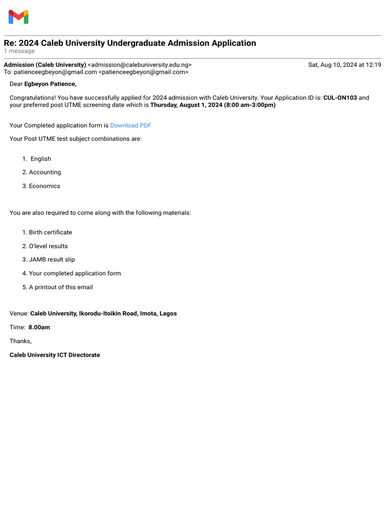 2024 Caleb University Undergraduate Admission Application | PDF