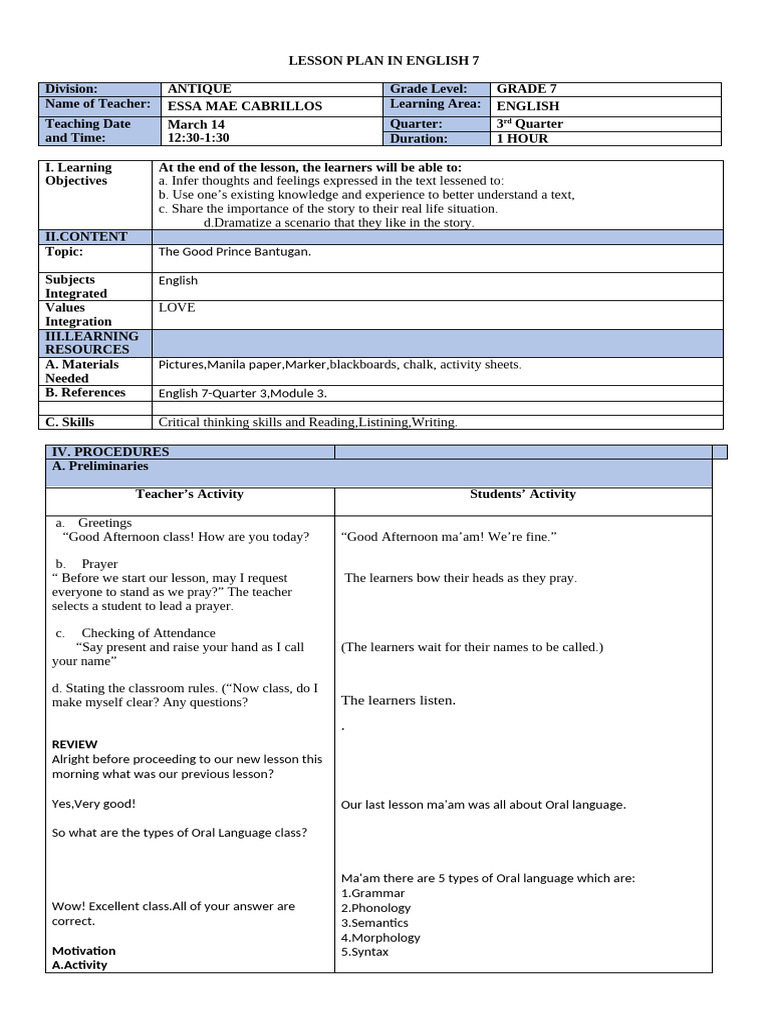 Final Lesson Plan in English 7-The Good Prince of Bantugan | PDF