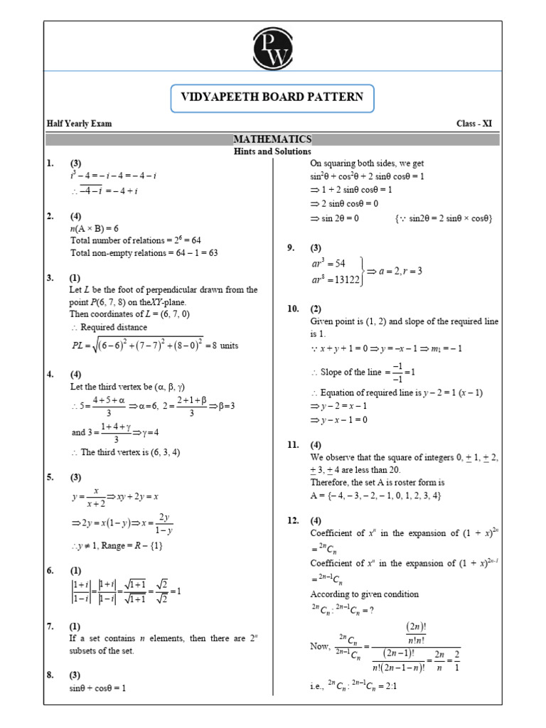 Board Pattern Test - 01 (Home Assignment) - Answer Key (Maths) | PDF