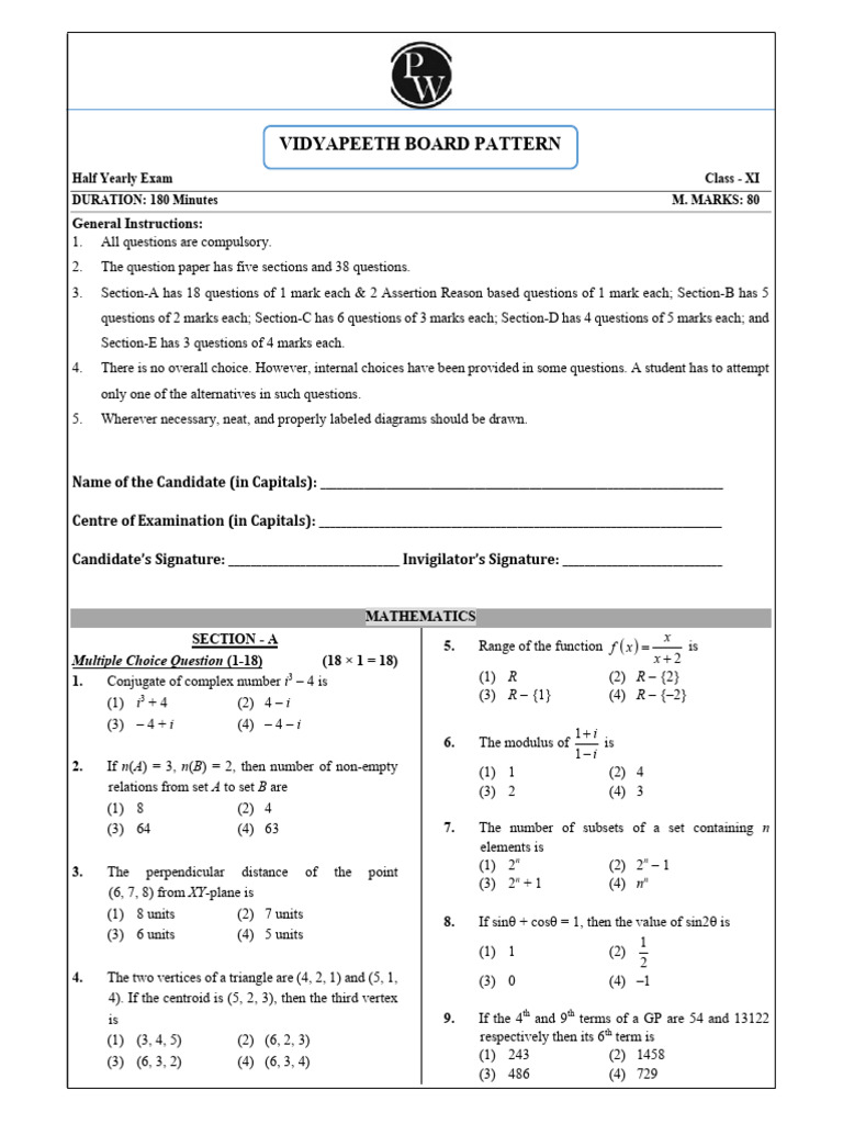 Board Pattern Test - 01 (Home Assignment) - Test Paper (Maths) | PDF