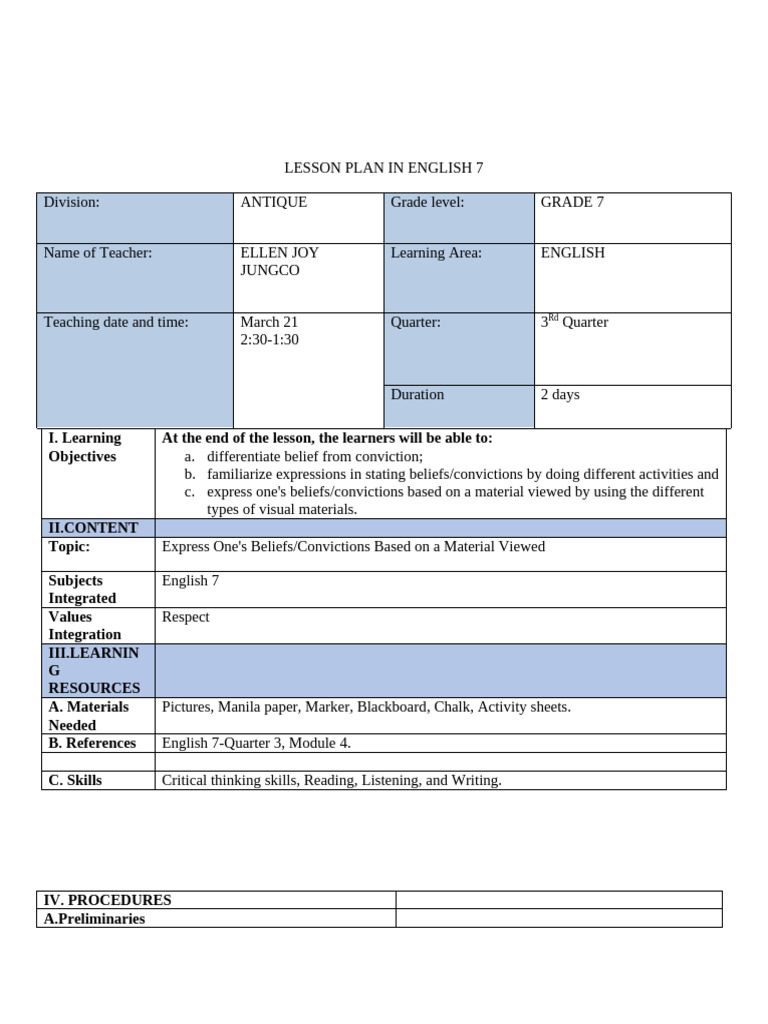 LESSON PLAN IN ENGLISH 7 m4 | PDF