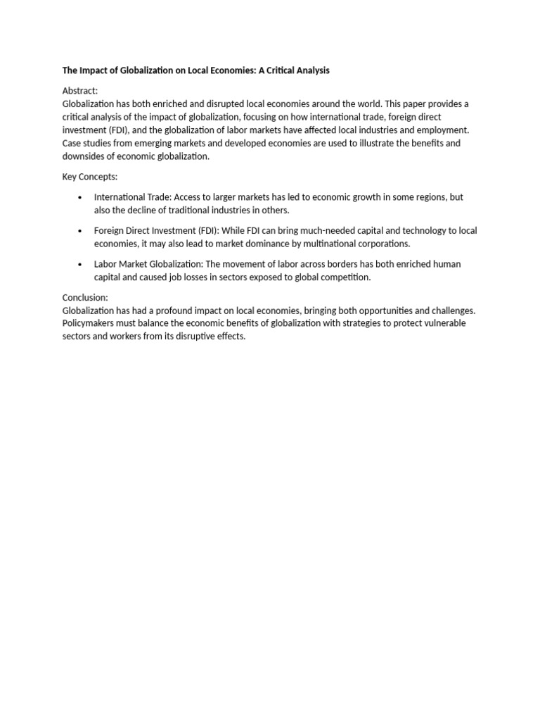 The Impact of Globalization on Local Economies A Critical Analysis | PDF