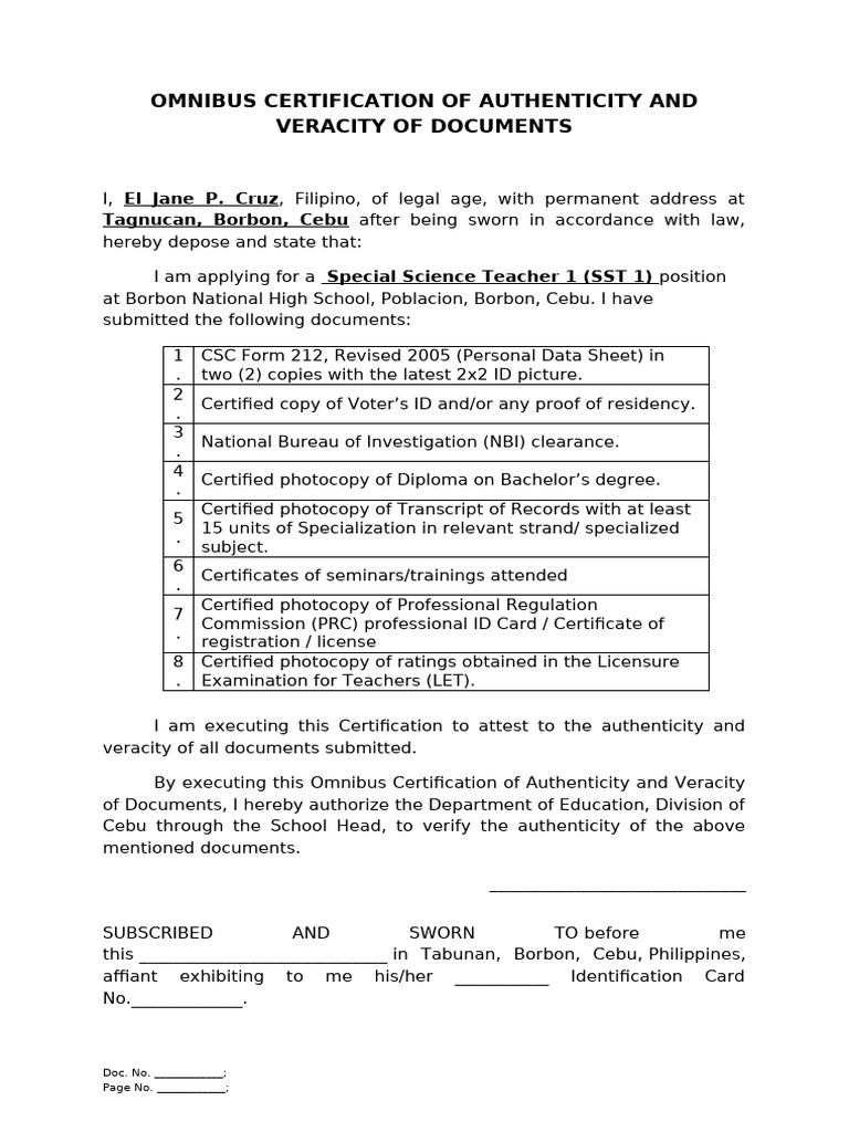 Omnibus Certification of Authenticity and Veracity of Documents | PDF
