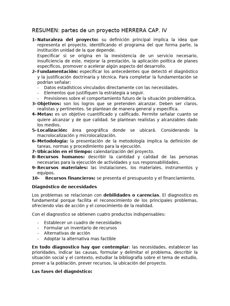 RESUMEN Partes de Un Proyecto HERRERA CAP IV | PDF