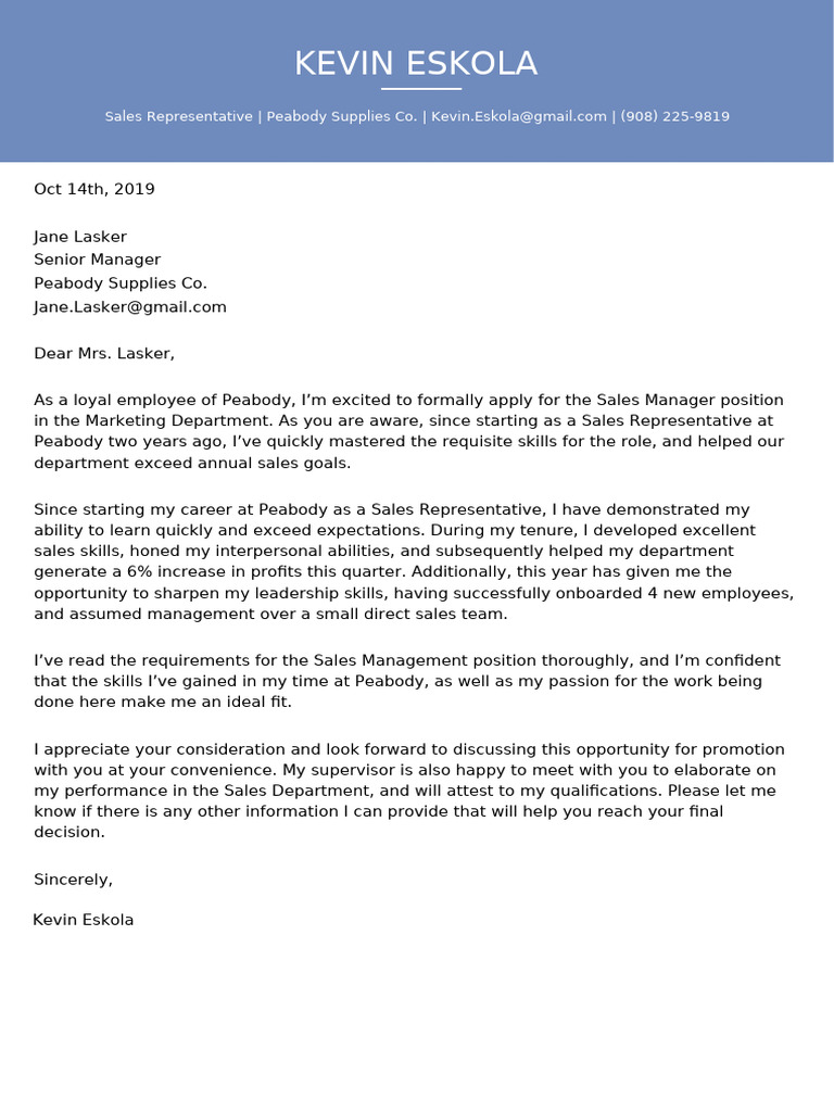 Cover Letter For Promotion Example Template | PDF