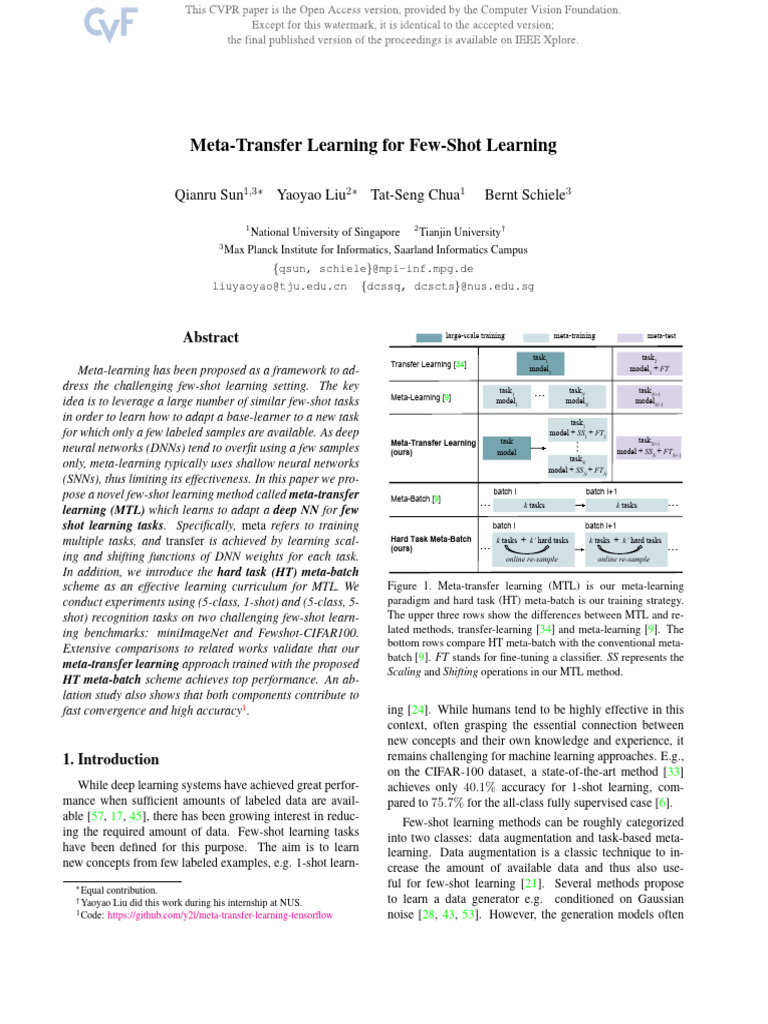 Sun_Meta-Transfer_Learning_for_Few-Shot_Learning_CVPR_2019_paper | PDF
