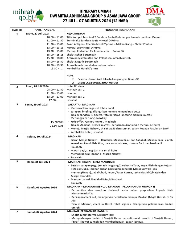 Itinerary Umrah Group DMA 27 Jul-07 Agt 2024 | PDF