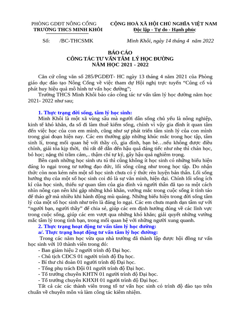 Bao Cao Cong Tac Tu Van Tam Ly Hoc Duong | PDF