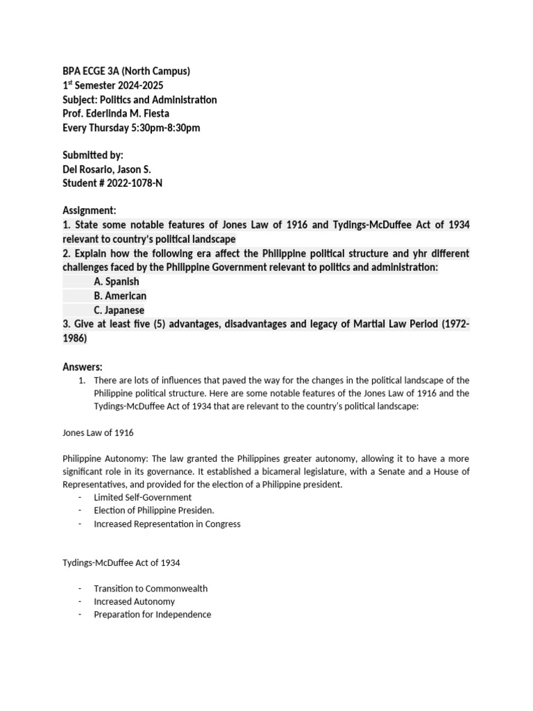 Admin and Politics - Assignment - Jason Del Rosario | PDF