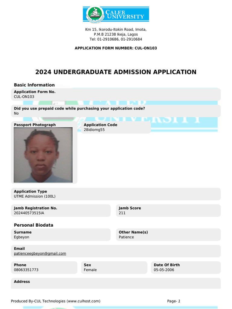 Caleb Admission Form | PDF