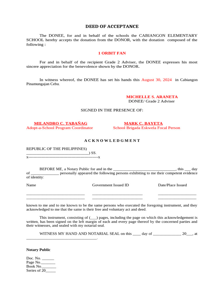 deed of Acceptance- Michelle | PDF