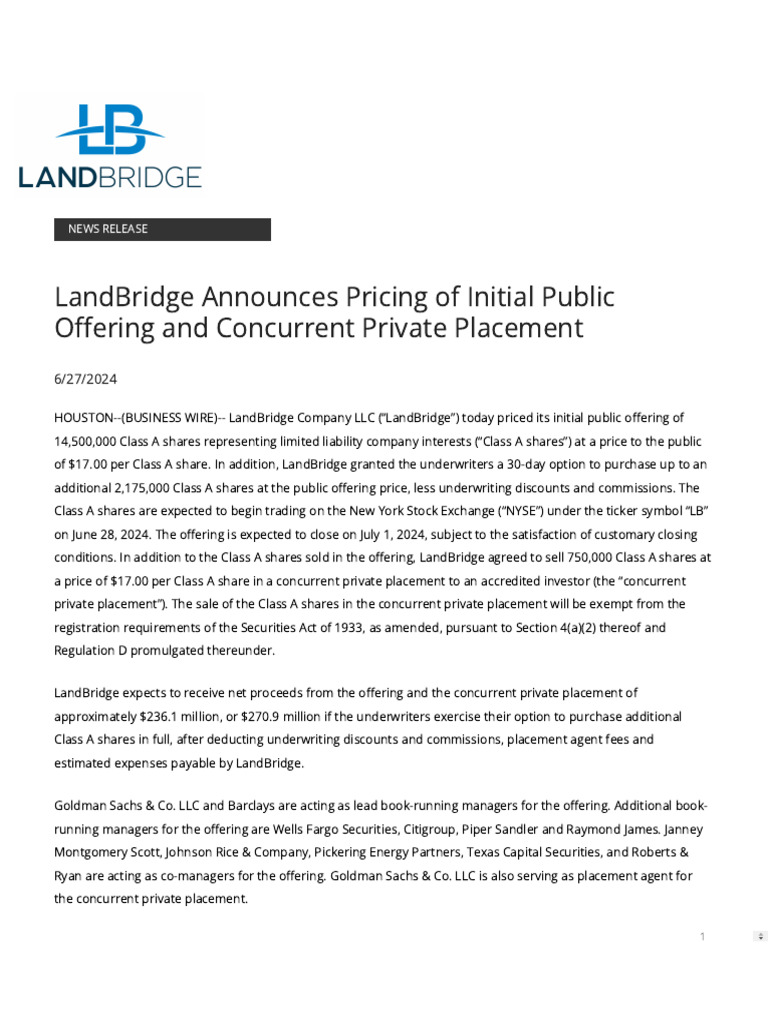 Landbridge Announces Pricing of Initial Public Offering and Concurrent Private Placement 2024 | PDF