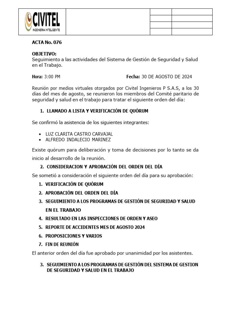 ACTA REUNION COPASST No. 76 MES DE AGOSTO 2024 | PDF