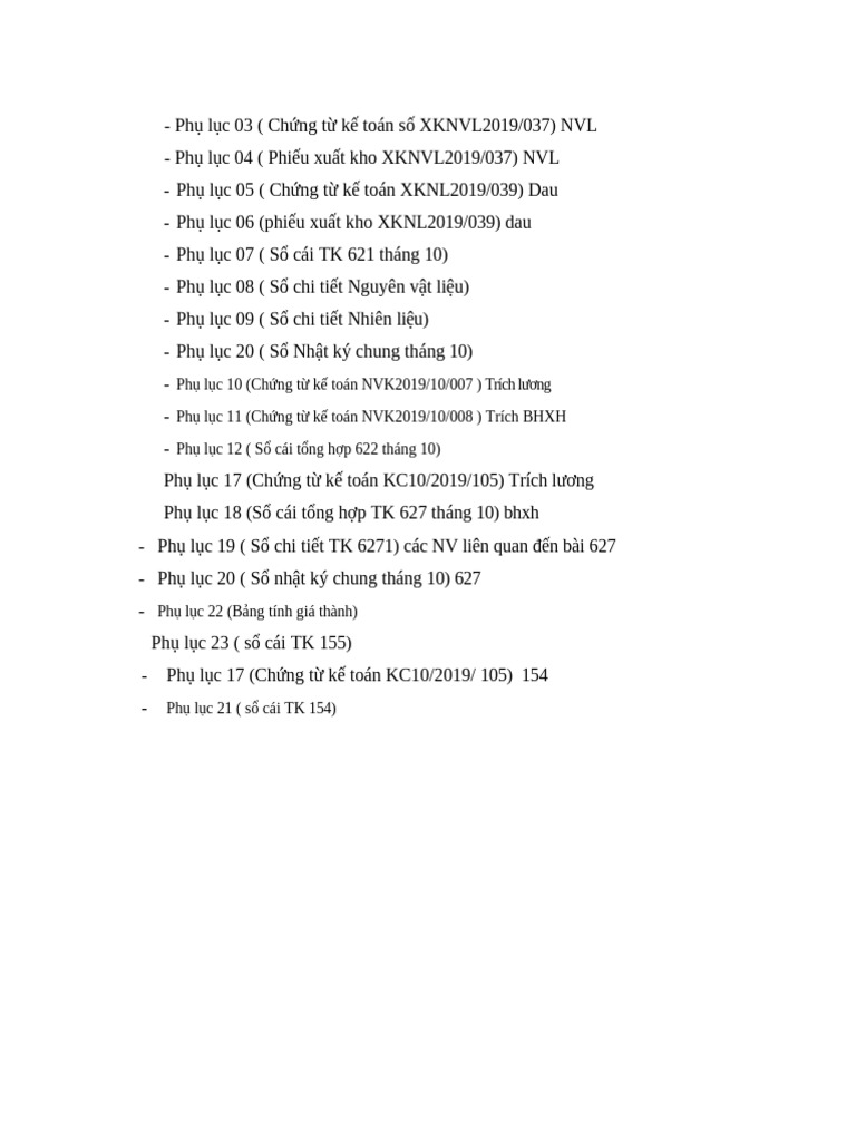 Phụ lục 10 (Chứng từ kế toán NVK2019/10/007) Trích lương Phụ lục 11 (Chứng từ kế toán NVK2019/10 ...