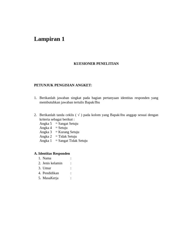 Lampiran 1 (Kuesioner Penelitian) | PDF
