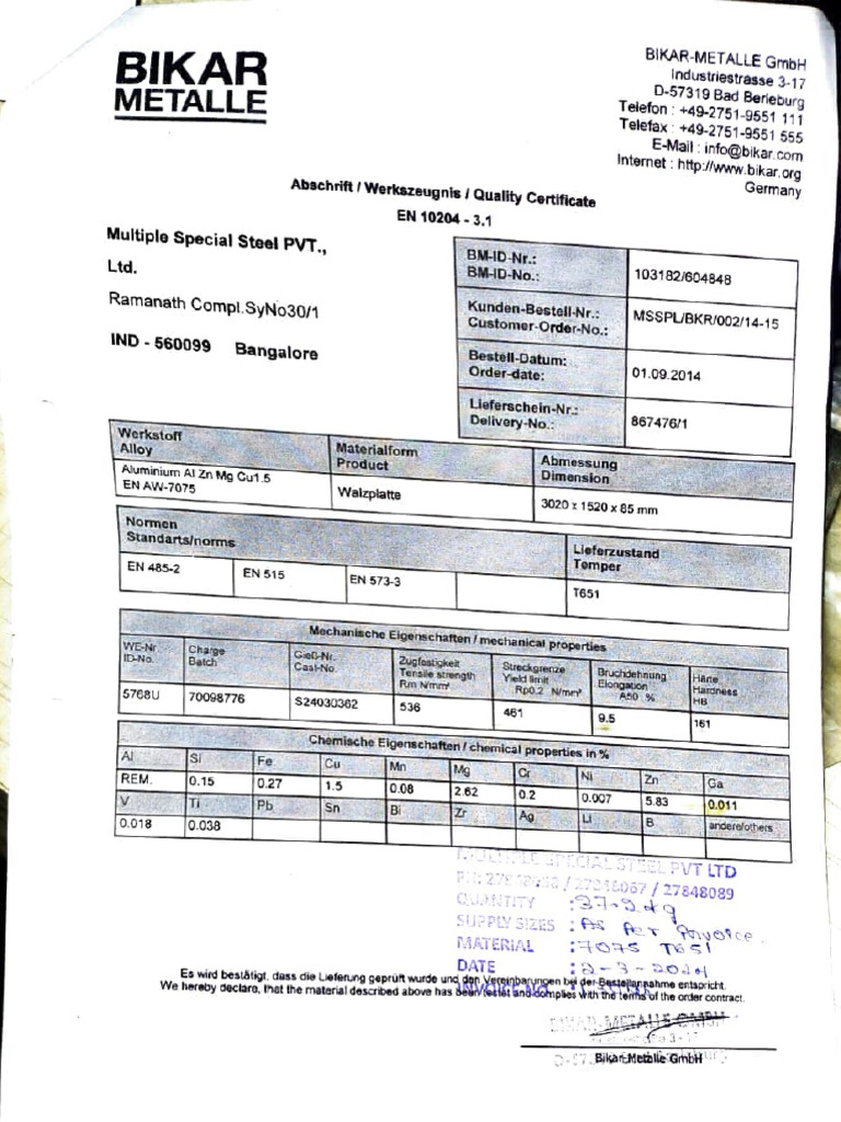 AL7075 Material Certificate | PDF