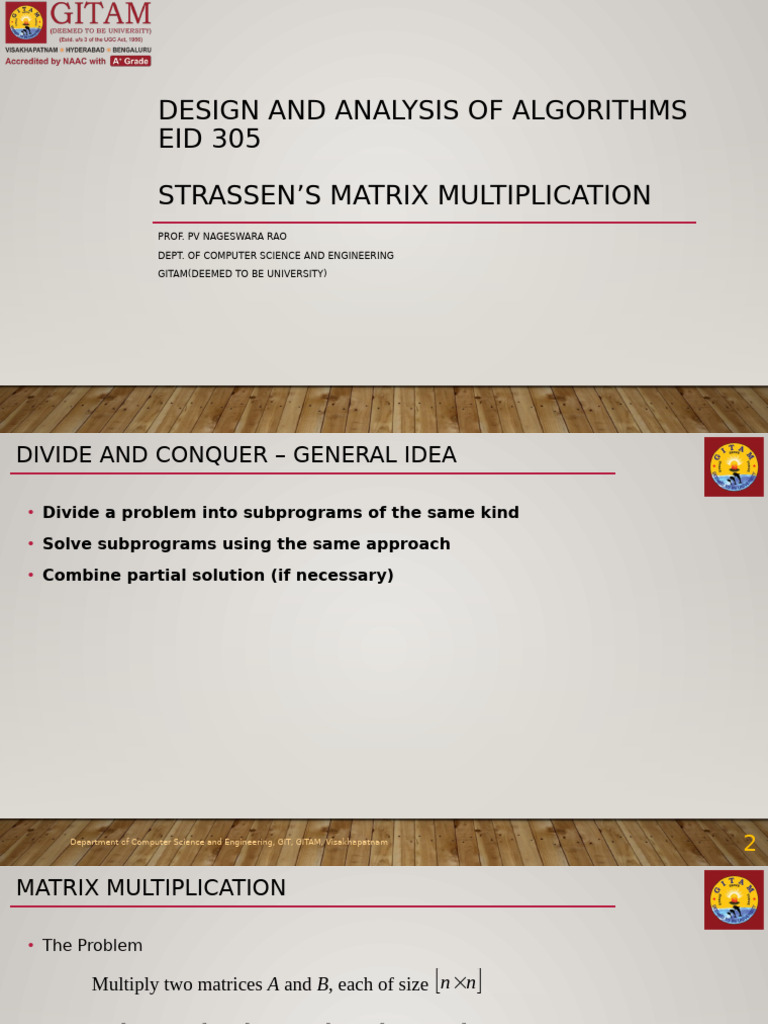 Module I - Part B DAndC Strassen's Matrix Multiplication | PDF