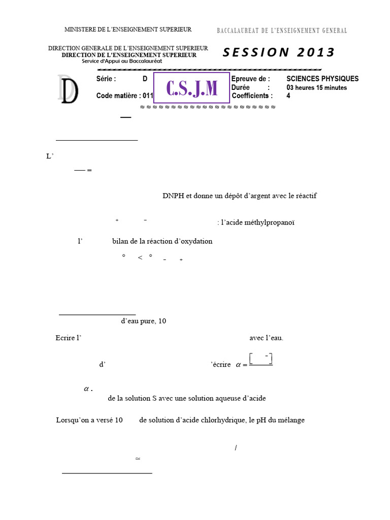 Bac Mada SerieD Sciences Physiques 2013 | PDF
