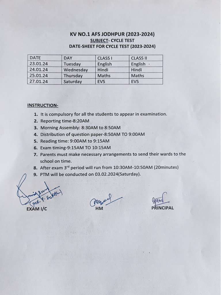 Cycle Test Date Sheet | PDF