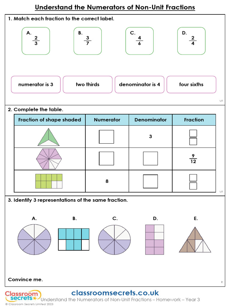 Year 3 Understand The Numerators Of Non Unit Fractions Hwk Pdf