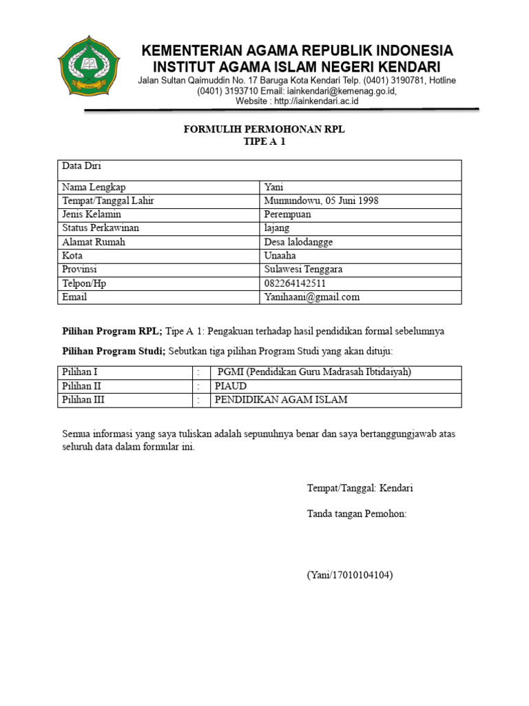 Formulih Permohonan RPL | PDF