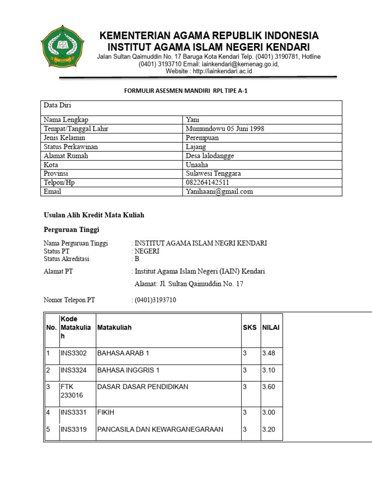 Formulir Asesmen Mandiri RPL Tipe A | PDF