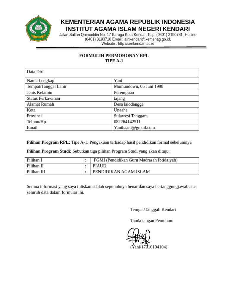 1. Formulih Permohonan Rpl | PDF