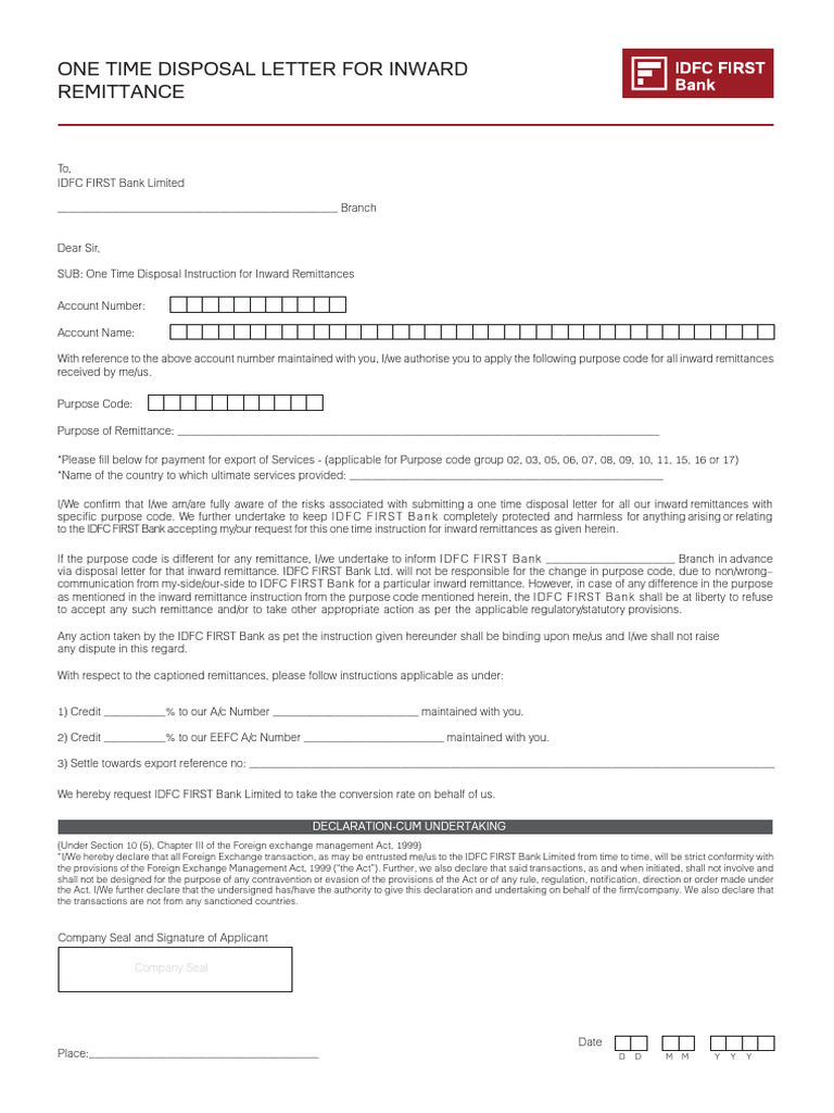 Inward Remittance One Time Disposal Form | PDF