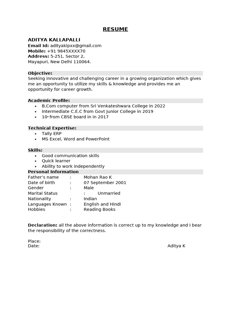 Simple Fresher Resume Format 5 | PDF
