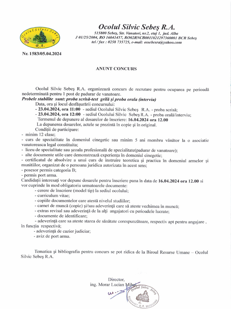 Anunt Concurs Padurar de Vanatoare 23.04.2024 | PDF