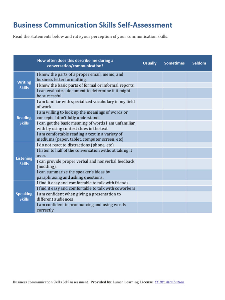 Business Communication Skills Self Assessment | PDF
