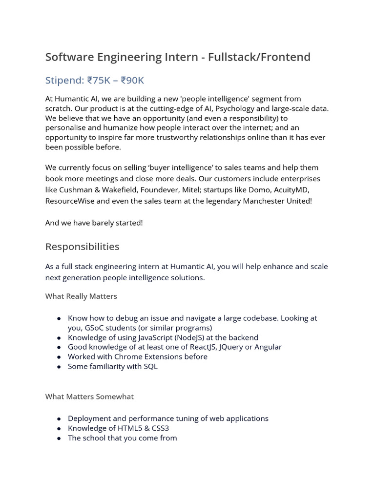 Engineer Intern JD - Full Stack_Frontend Campus | PDF Engineer Intern JD - Full Stack_Frontend Campus | PDF