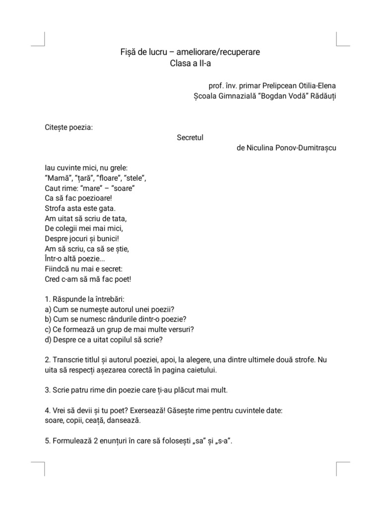 RED Diferentiat Fisa de Lucru CLR Clasa A II A | PDF