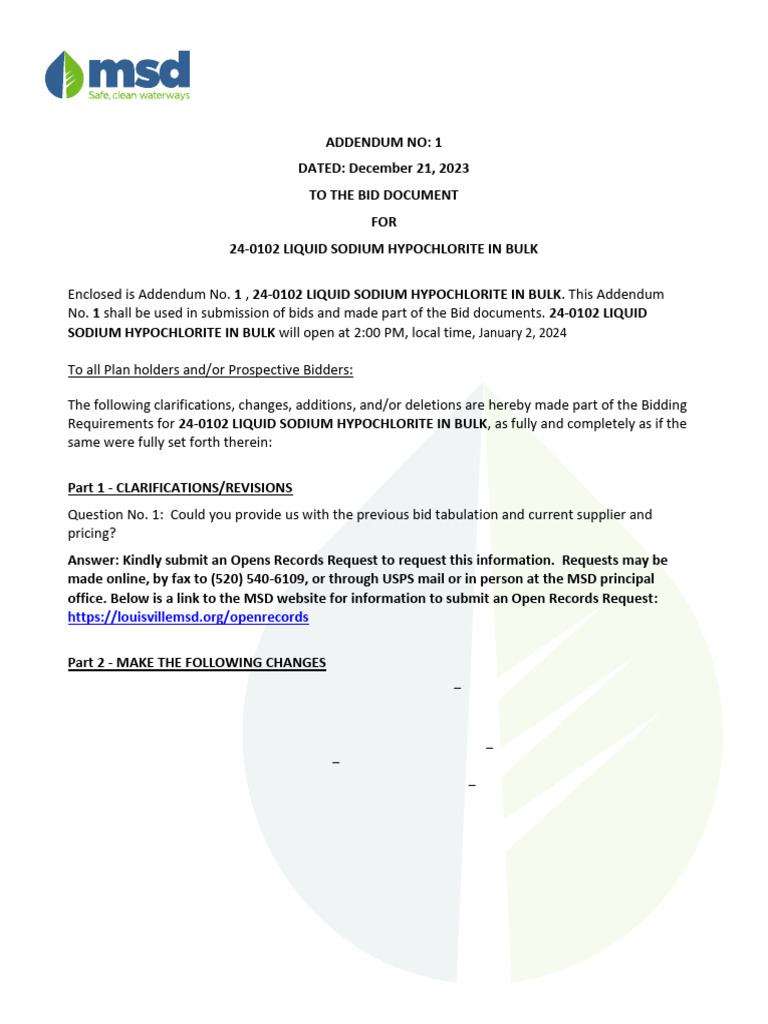 Addendum 1 - 24-0102 Liquid Sodium Hypochlorite in Bulk | PDF