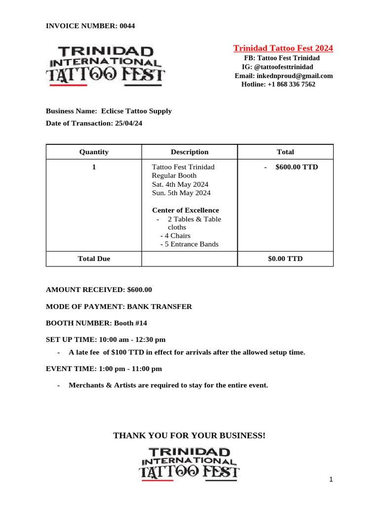 Trinidad Tattoo Fest 2024 Invoice #0044 | PDF