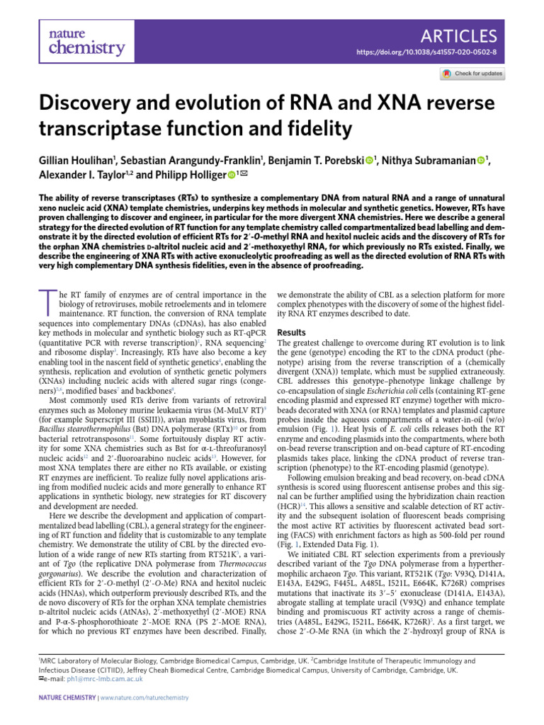 Discovery and Evolution of RNA and XNA Reverse Transcriptase Function ...