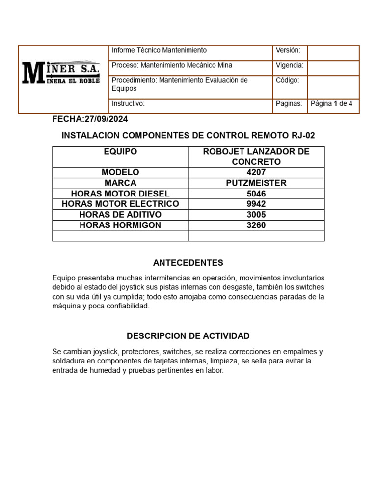 Informe de Cambio de Joystick RJ02 | PDF