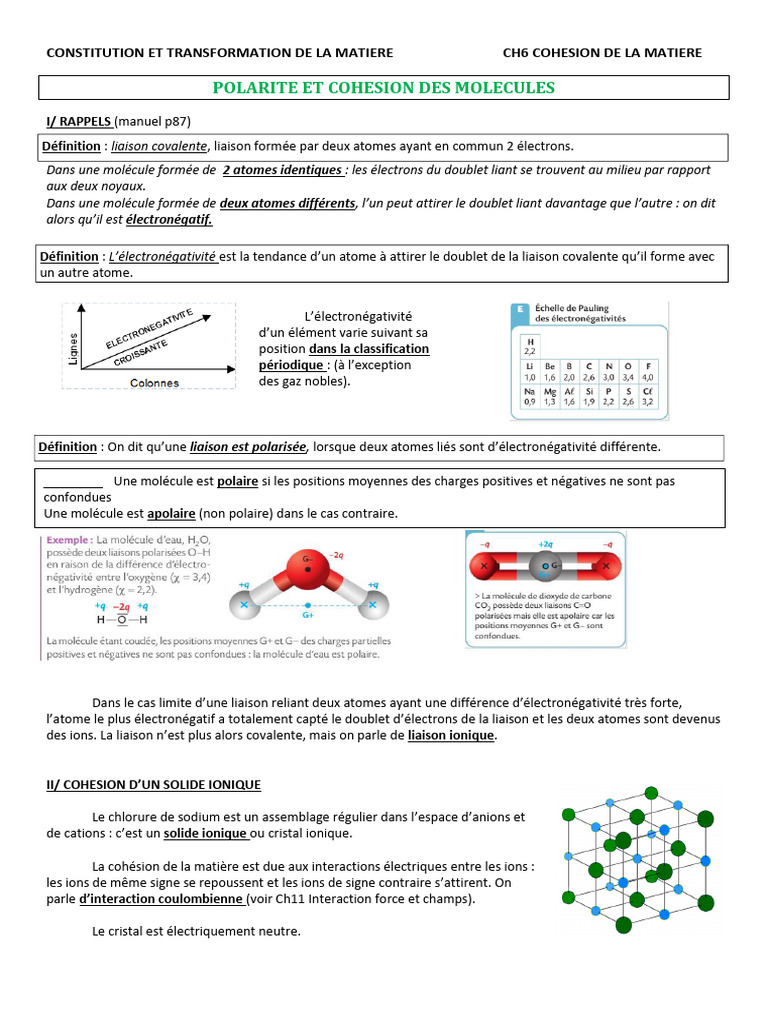 AD Polarité Et Cohesion Des Molécules | PDF
