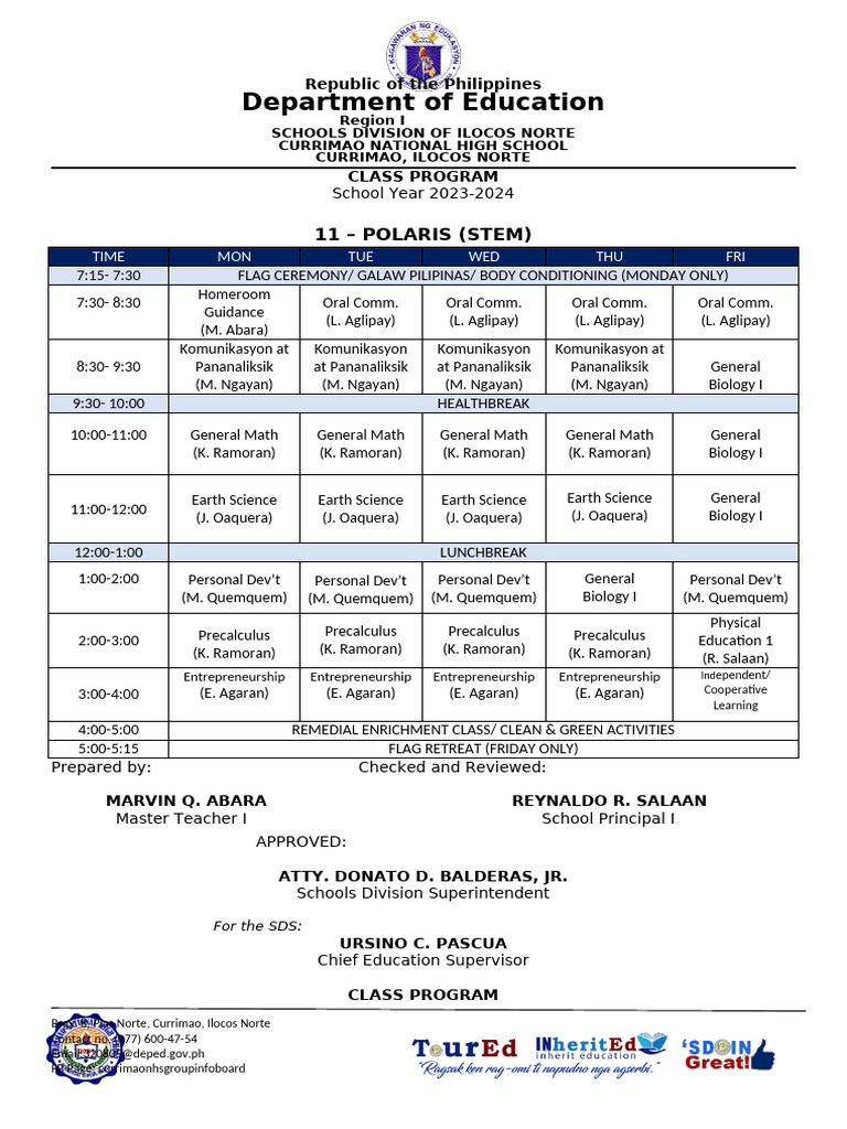 Shs Class Program 1st Sem 2023 2024 | PDF