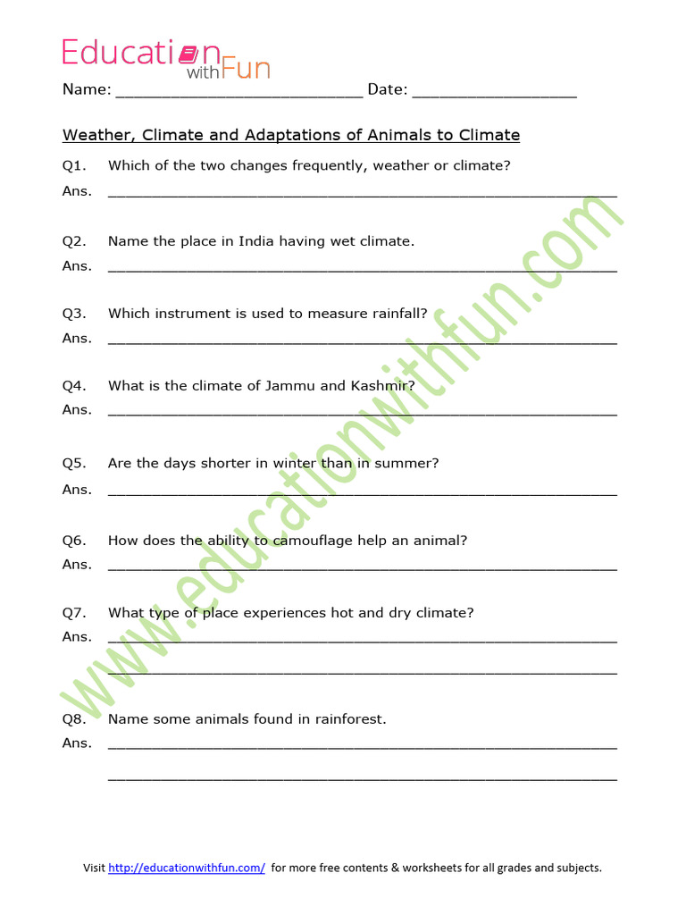 Weather, Climate and Adaptations of Animals To Climate Worksheet 2 ...