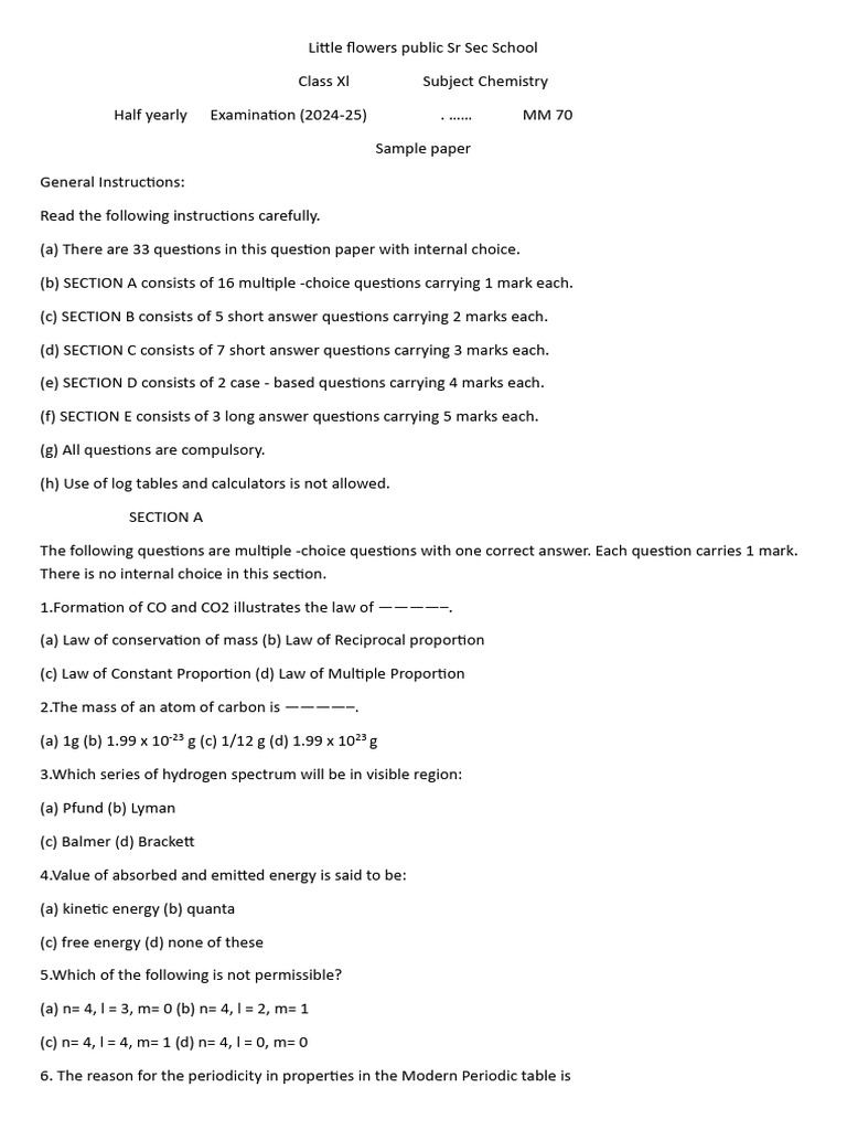 Chemistry Sample Paper Xi 202425 | PDF