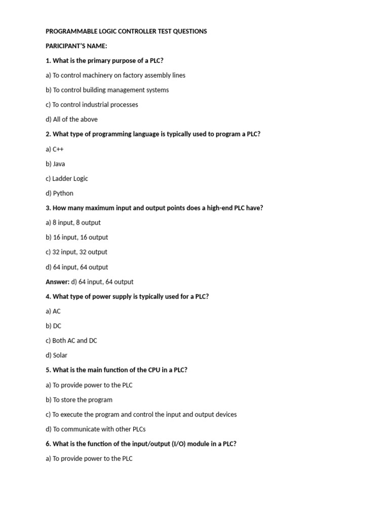 Programmable Logic Controller Test Questions | PDF